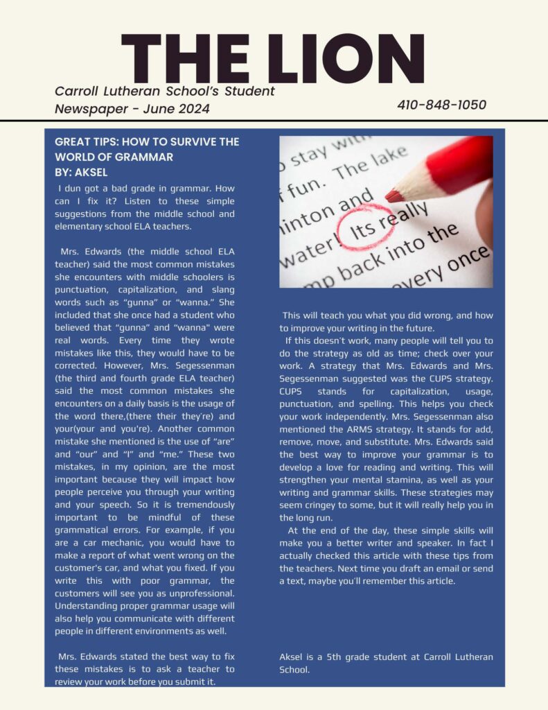 STUDENT NEWSPAPER – THE LION – Carroll Lutheran School